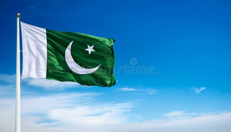 Waving Pakistan Flag on Blue Sky Background, with Space for Copy Stock ...