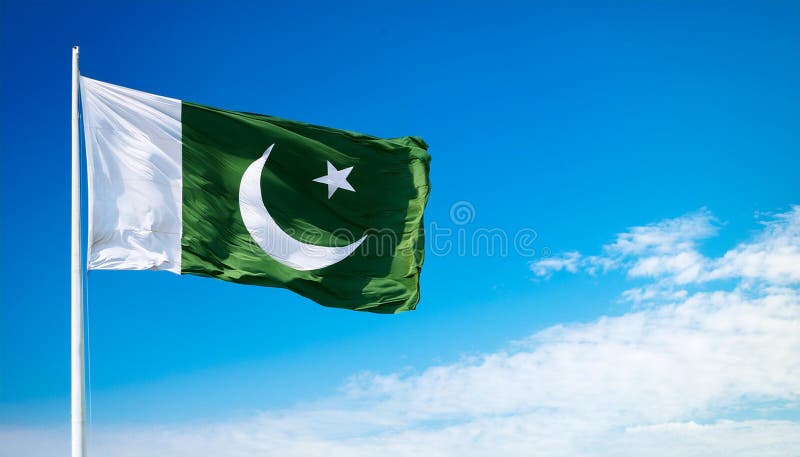 Waving Pakistan Flag on Blue Sky Background, with Space for Copy Stock ...