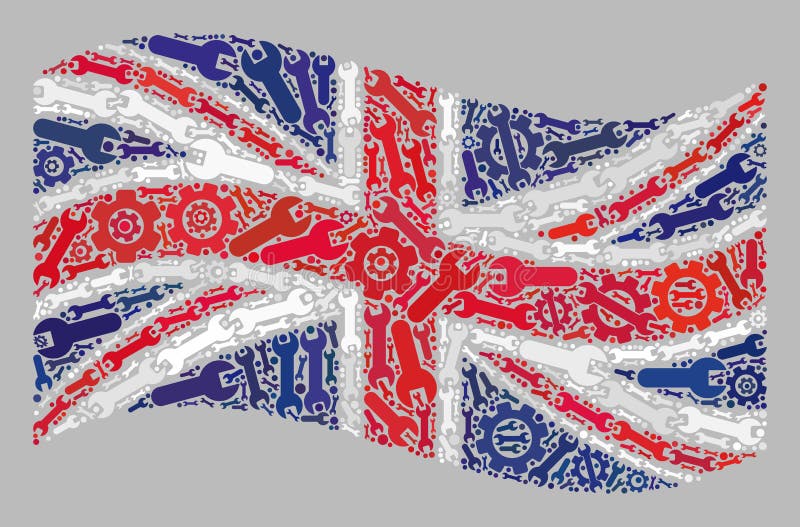 Waving Service United Kingdom Flag - Mosaic with Gear and Wrench ...