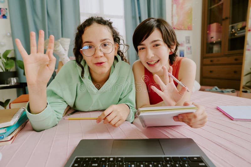 Waving and Smiling during Online Learning Session Stock Image - Image ...