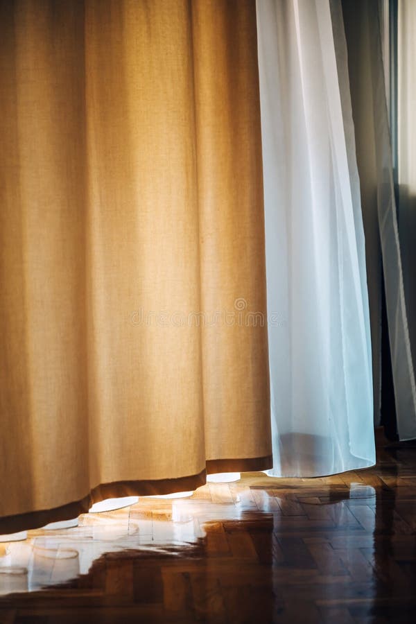 Wavy Curtains in Bedroom Making Shade from Summer Sunlight Stock Photo ...