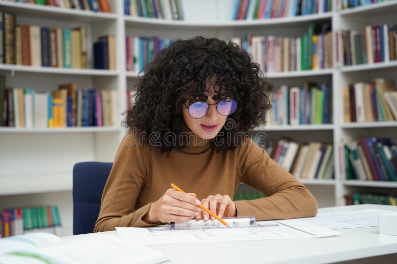 Wavy Haired Woman Interior Design Student Working on Diploma Project in ...