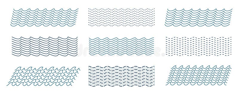 Wavy Horizontal Lines Ornament Pattern Set. Zig Zag Sea Wave Thin Lines ...