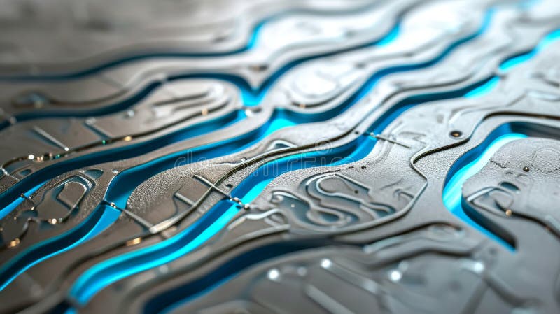 Wavy Metallic Pattern with Glowing Blue Channels Stock Illustration ...