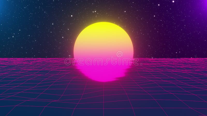 Wavy Neon Grid with Big Sun, Computer Generated. 3d Rendering Retro ...