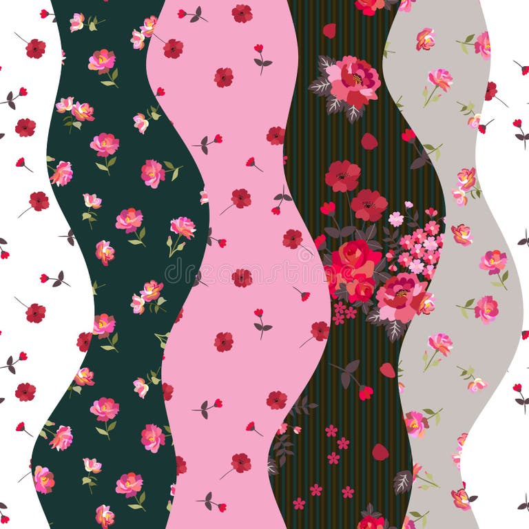 Wavy Patchwork Pattern with Flowers. Seamless Quilt Design with Floral ...