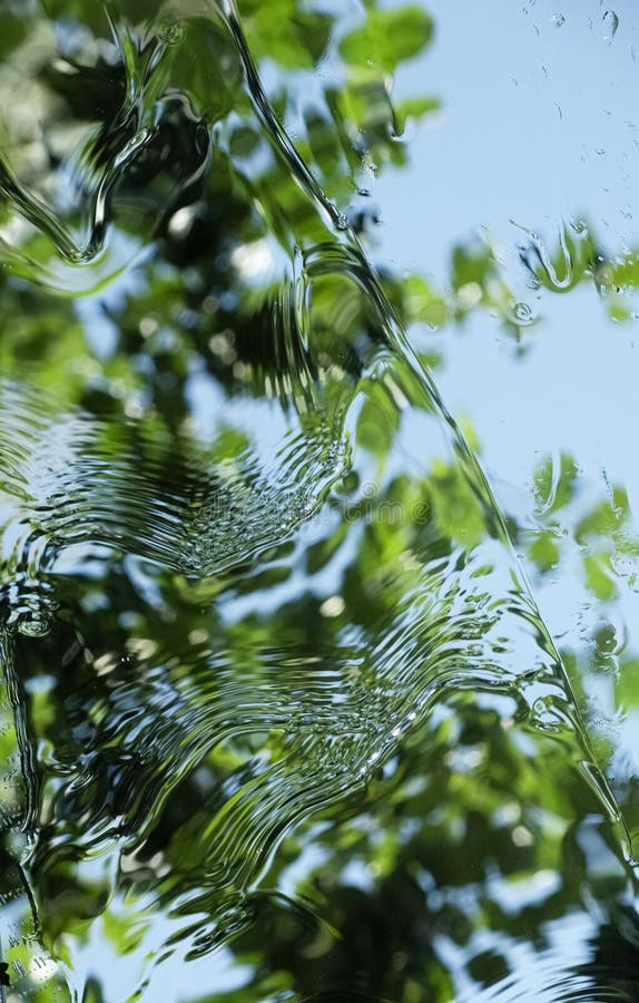 Abstract Reflection of Green and Sky in Water. Ecological Water Ripples ...