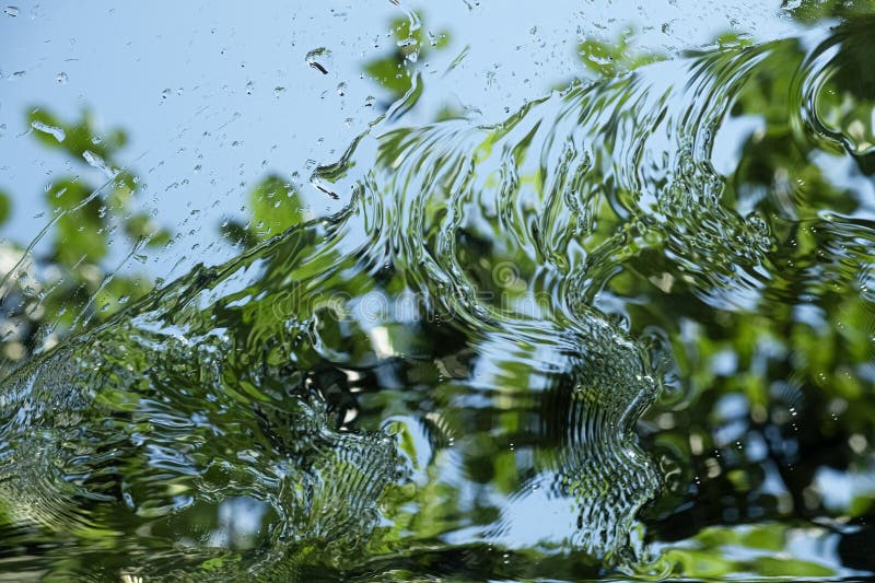 Abstract Reflection of Green and Sky in Water. Ecological Water Ripples ...