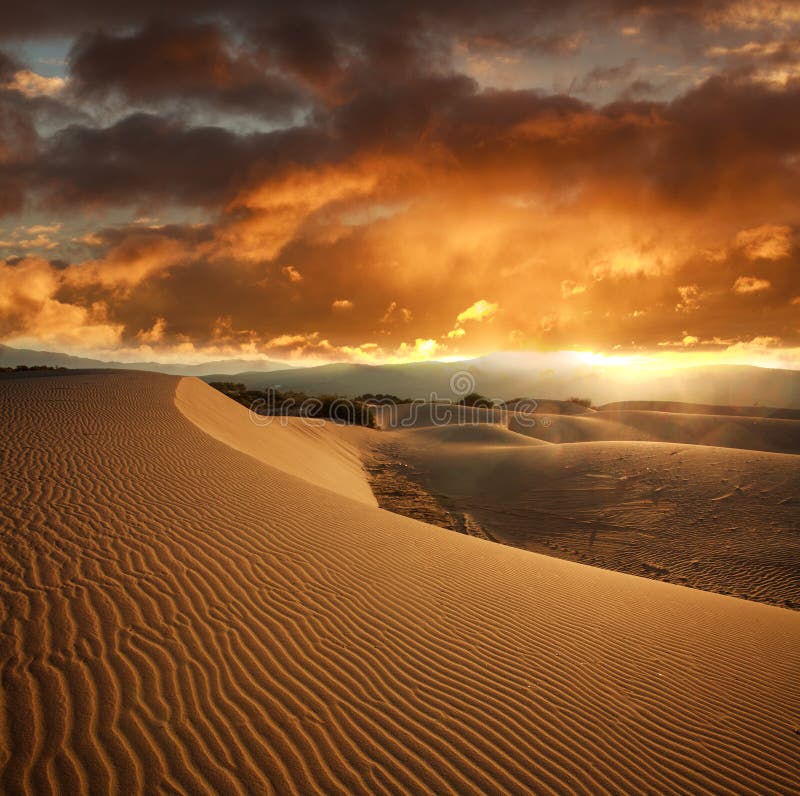 Wavy Sand Dune at Sunset on Background Dramatic Sky Clouds Stock Photo ...
