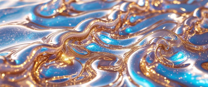 Wavy Shimmering Liquid or Gel with Gold and Blue Highlights Stock Image ...