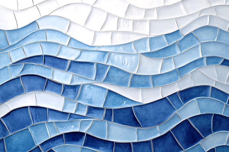 Wavy Wall is Made of White and Blue Rectangular Tiles Creating a Sea ...