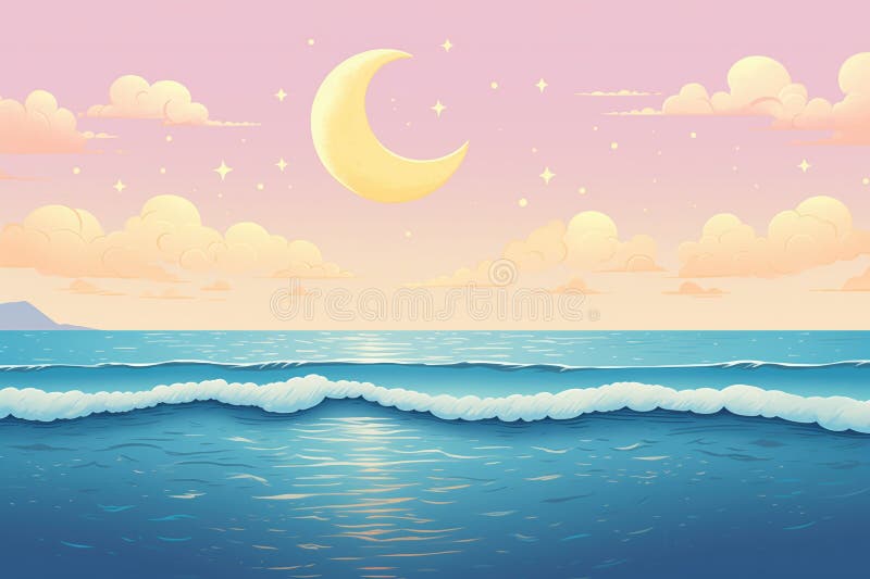 Waxing Crescent Visible Over Tranquil Ocean Waves Stock Photo - Image ...