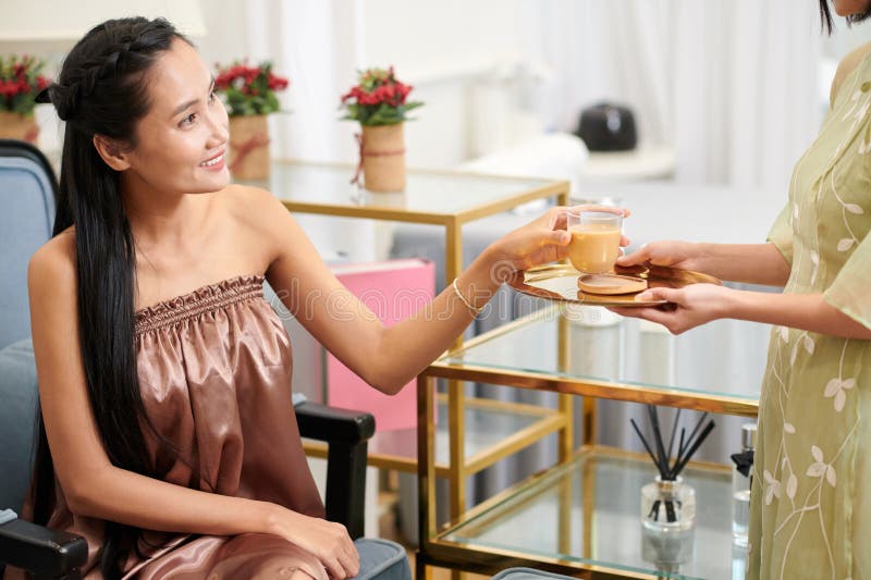 Offering Customer Cup of Coffee Stock Image - Image of wait, smile ...