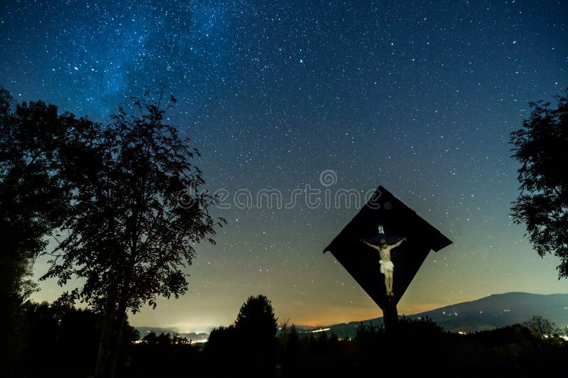 Wayside Cross in Front of Night Sky Stock Photo - Image of milky ...