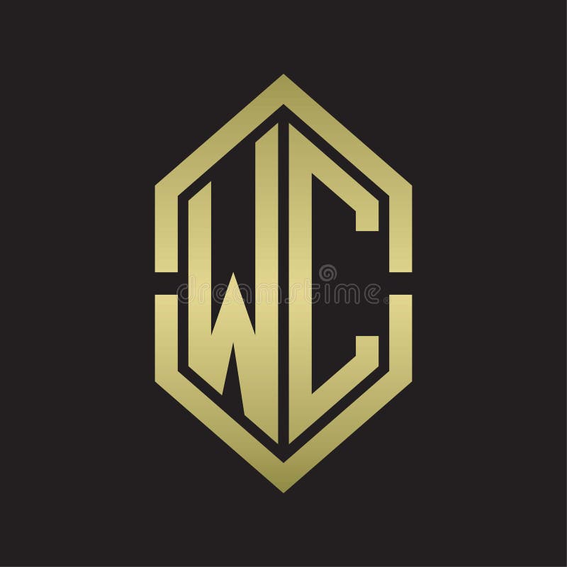 WC Logo Monogram with Hexagon Shape and Outline Slice Style with Gold ...