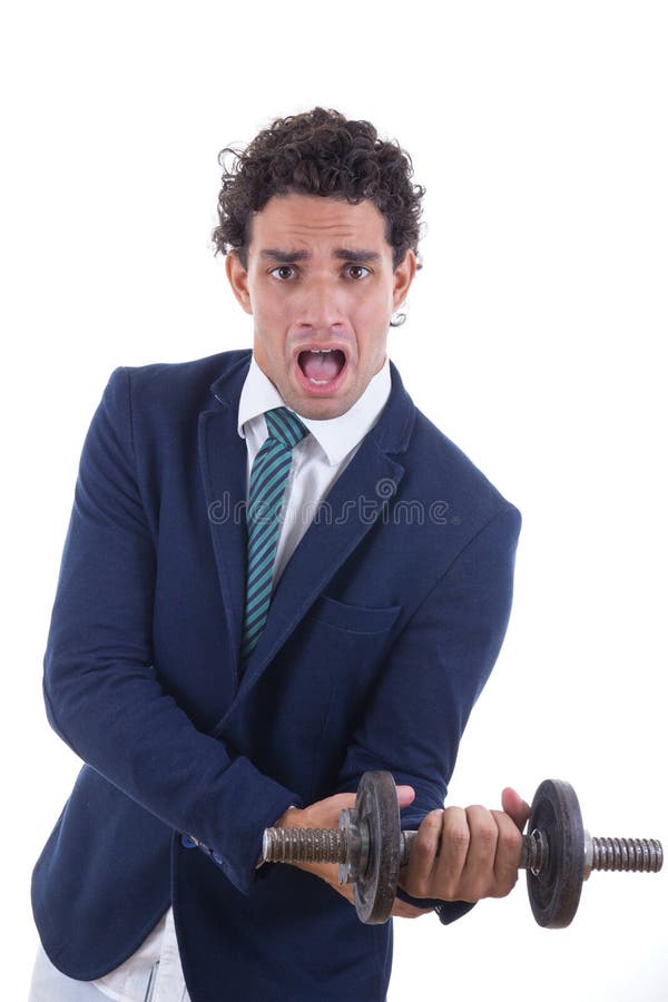 Weak man holding a weight stock photo. Image of healthy - 37533392