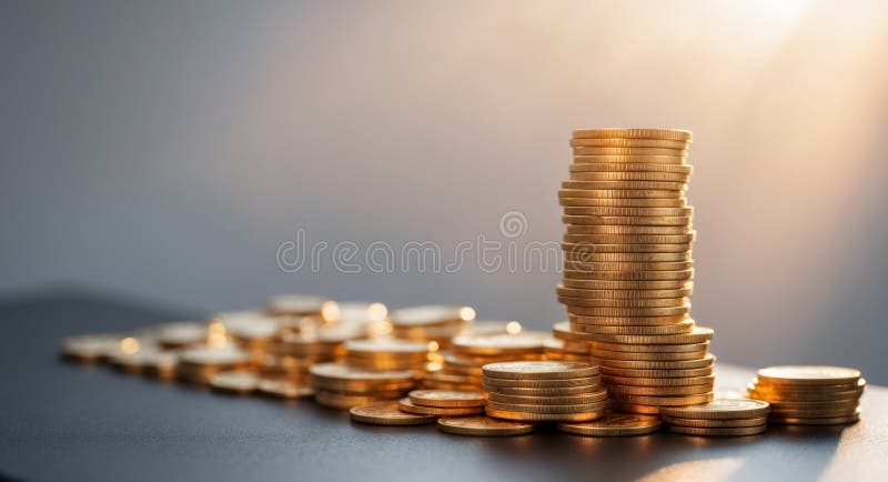 Wealth Accumulation with Stacked Golden Coins Reflecting Morning Light ...