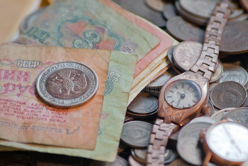 Wealth. Riches. Old Coins and Bills. Stock Photo - Image of earnings ...