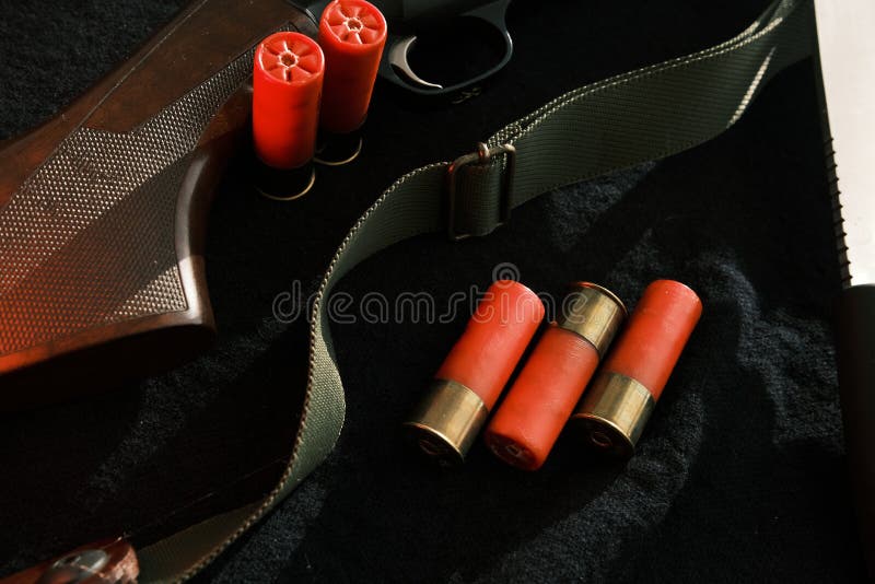 Weapon on Black Cloth: Knife, Rifle, Shells,top View. Top View of Knife ...