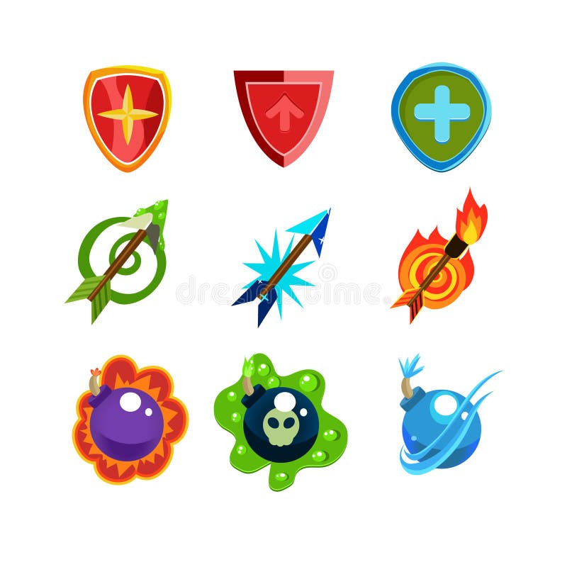 Weapon and Shield Icons Set for Games Stock Vector - Illustration of ...
