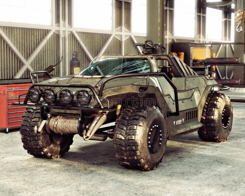 Weaponized Off Road Combat Vehicle Stored Inside an Industrial Hangar ...