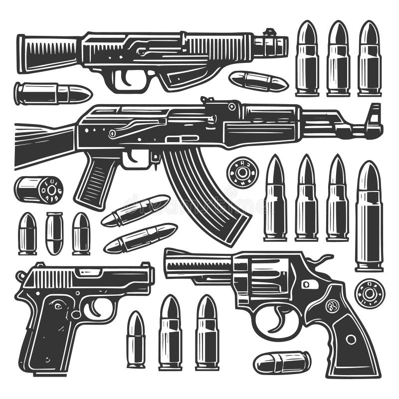 Weapons and Guns Monochrome Set Stock Vector - Illustration of diagram ...