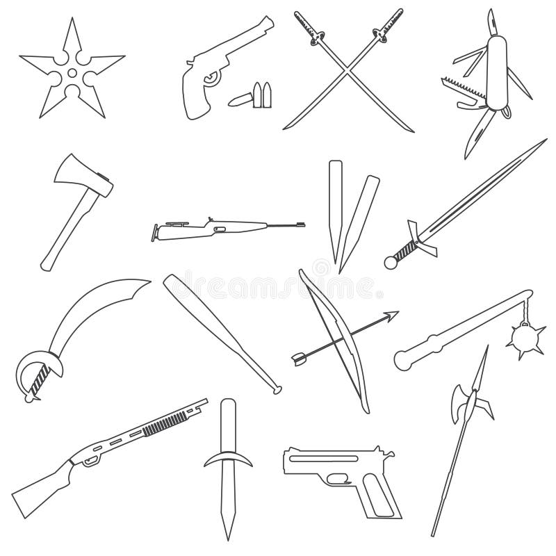 Weapons and Guns Simple Outline Icons Stock Vector - Illustration of ...