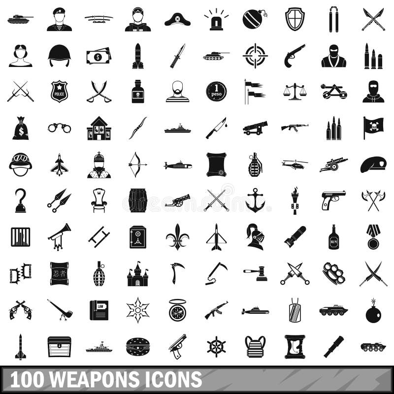 100 Weapons Icons Set, Simple Style Stock Vector - Illustration of ...