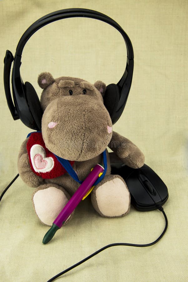 Wearing Earphones Hippo Using the Mouse, Stock Image - Image of point ...