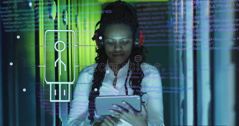 Wearing Headphones and Using Tablet, Woman with Code and Tech Animation ...
