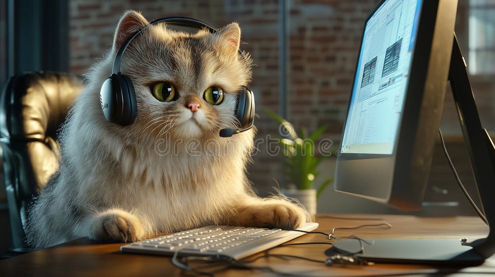 Wearing a Headset, a Plump Persian Cat Multitasks by Using a Computer ...