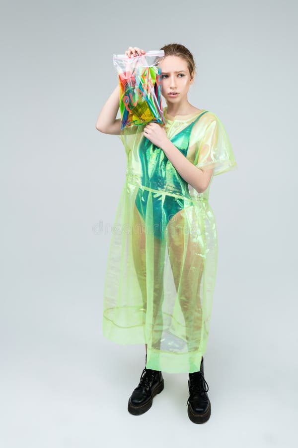 Model Wearing Plastic Clothes and Boots Posing with Plastic Stock Image ...