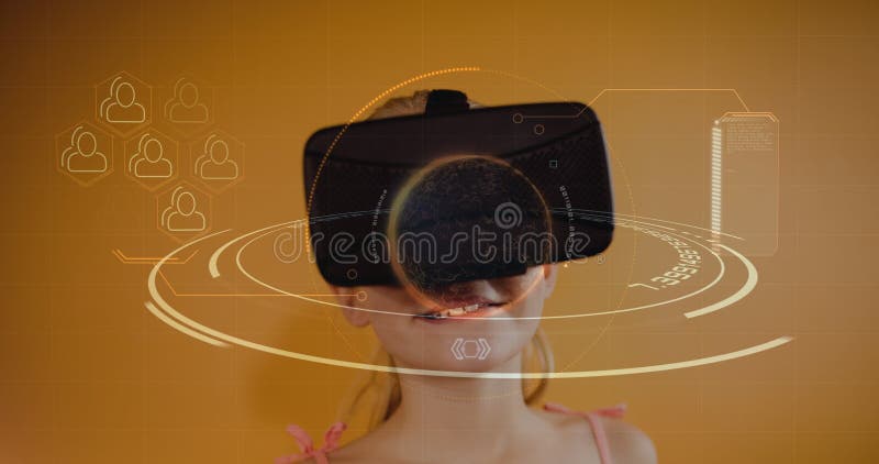 Wearing VR Headset, Child Exploring Virtual World with Digital Network ...