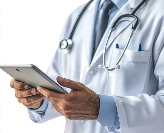 Wearing a White Lab Coat, the Doctor Works on a White Tablet Isolate ...