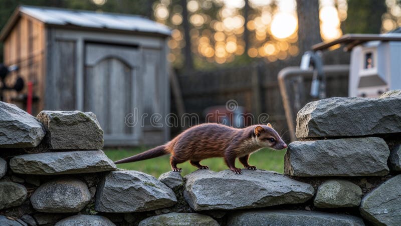Weasel Crossing Stone Wall Behind Backyard Tool Shed during Dawn Stock ...