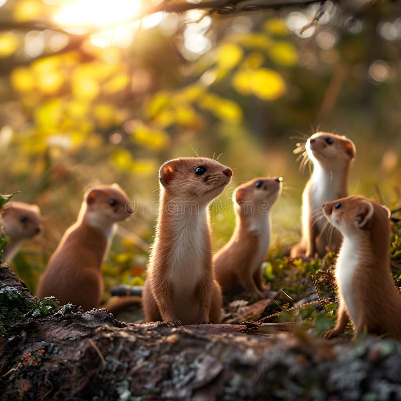 Weasel Family in the Forest with Setting Sun Shining. Stock ...