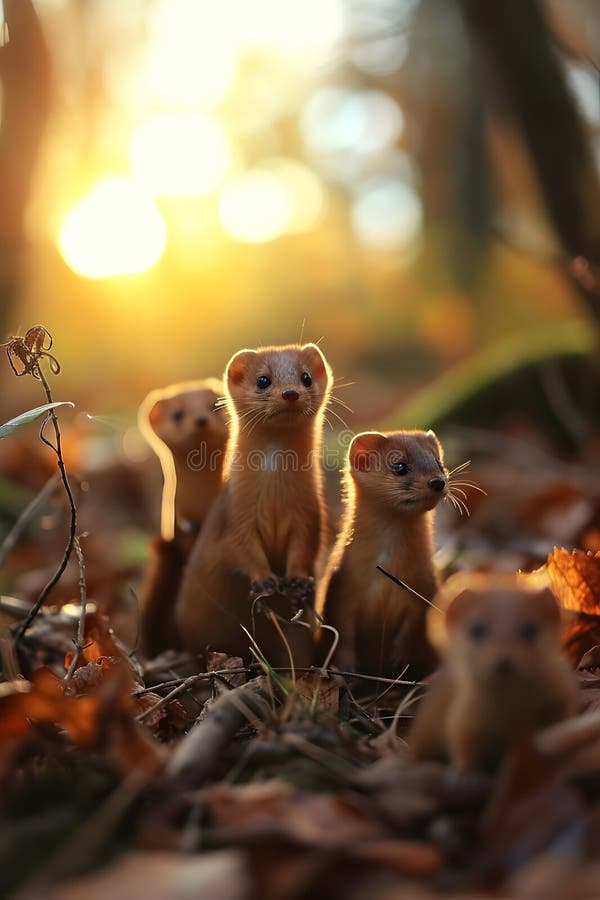 Weasel Family in the Forest with Setting Sun Shining. Stock ...