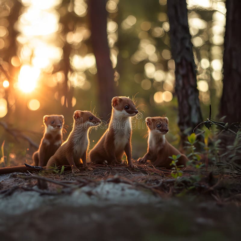 Weasel Family in the Forest with Setting Sun Shining. Stock ...