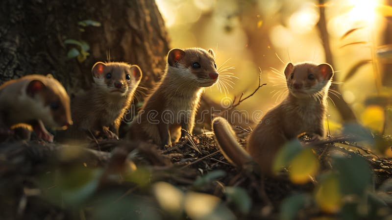 Weasel Family in the Forest with Setting Sun Shining. Stock ...
