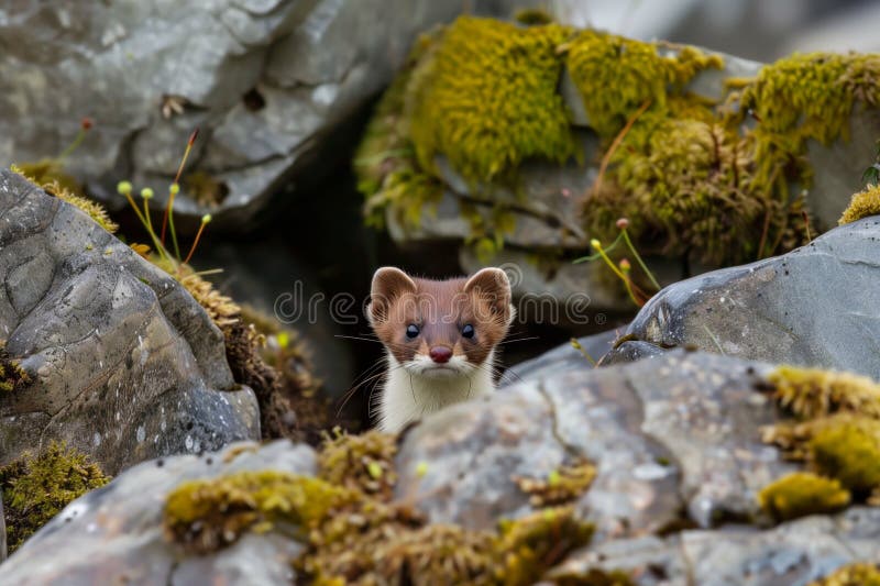 Weasel Peeking from a Burrow Amidst Rocks and Moss Stock Image - Image ...