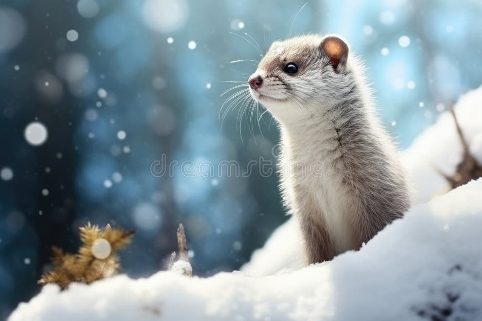 Weasel Stand in Wild in Winter Forest with Snow. Stock Illustration - Illustration of cold ...
