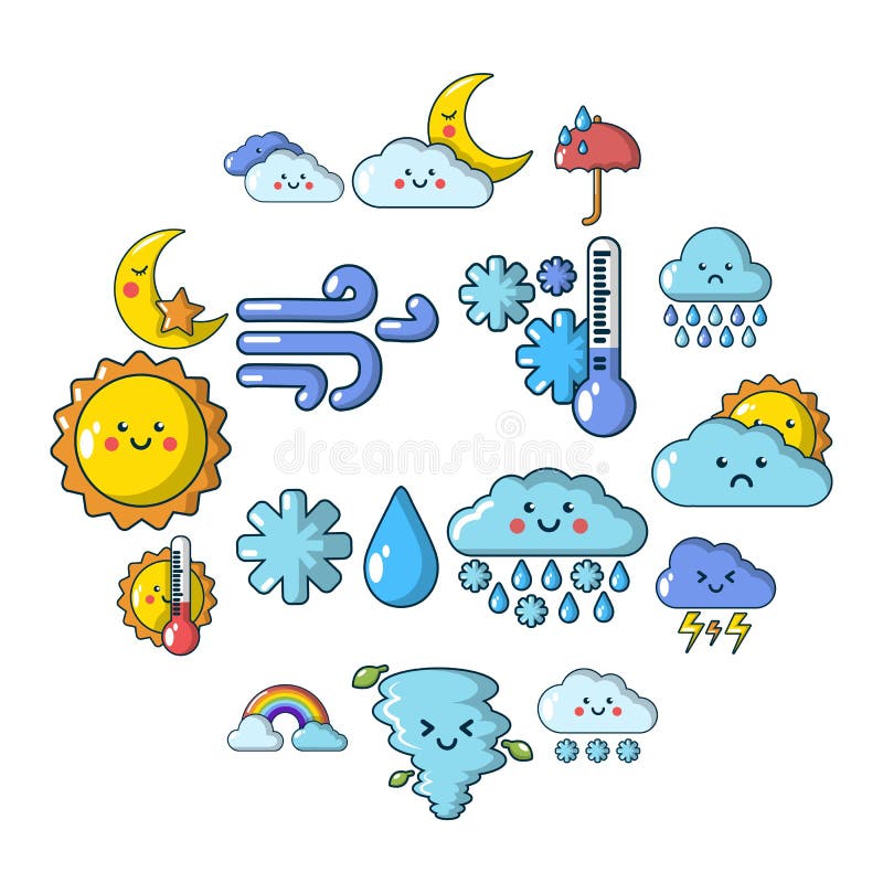 Weater Icons Set, Cartoon Style Stock Vector - Illustration of rainy ...