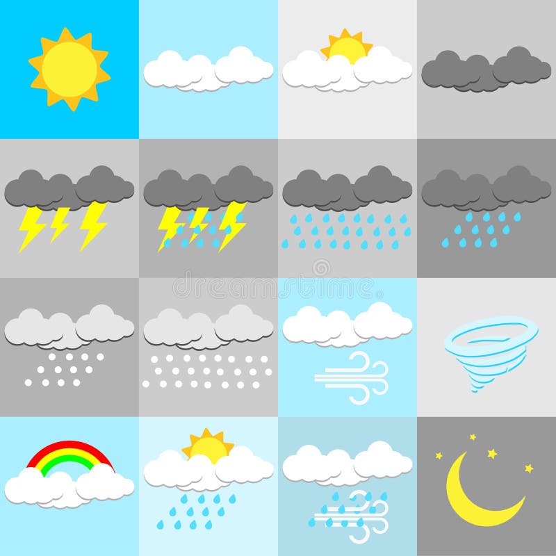 Types of Weather Conditions with Sunny, Cloudy, Windy, Rainy, Snow and ...