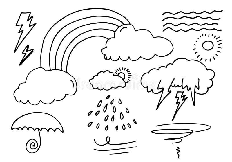 Weather Doodle Vector Set Illustration with Hand Drawn Line Art Style ...