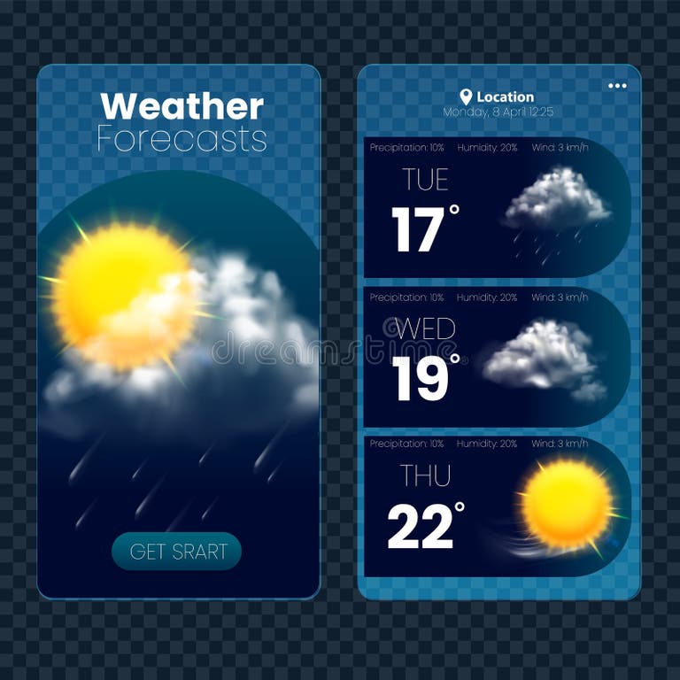Weather Forecast App Design in Realistic Style Stock Illustration ...