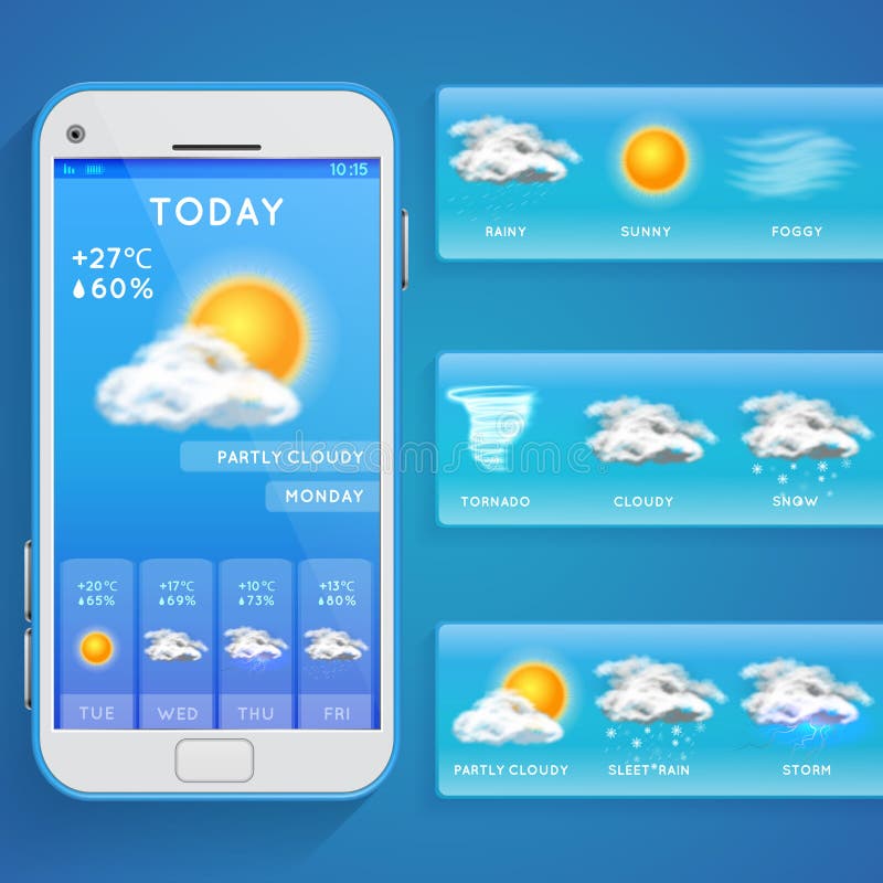 Weather Forecast App on Smartphone Screen and Realistic Vector Icons ...