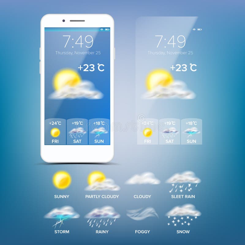 Weather Forecast App Vector. Realistic Smartphone. Weather App with ...