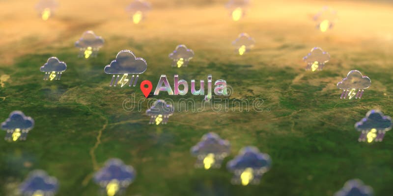 Abuja City and Stormy Weather Icon on the Map, Weather Forecast Related ...