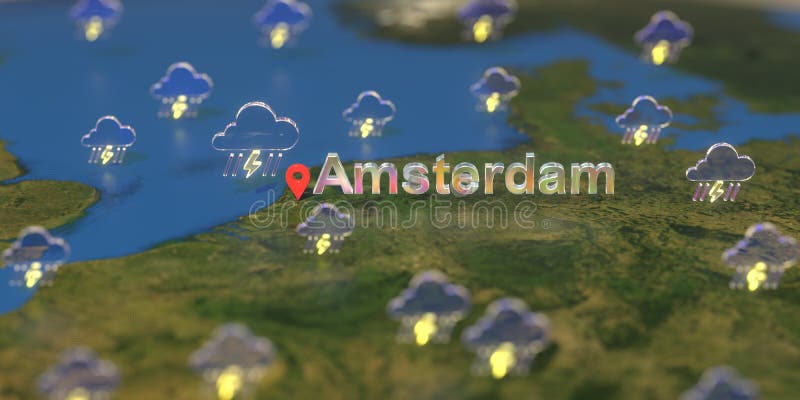 Amsterdam City and Stormy Weather Icon on the Map, Weather Forecast ...