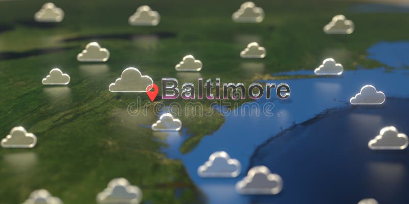 Baltimore City and Cloudy Weather Icon on the Map, Weather Forecast ...